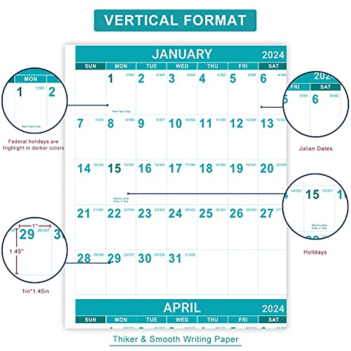 Wall Calendar with Julian Date, July 2023 - June 2024 Yearly, One Page for Organizing, Premium Thick Paper, Vertical, Gift Pocket, 34.8" x 22.8" (Open)