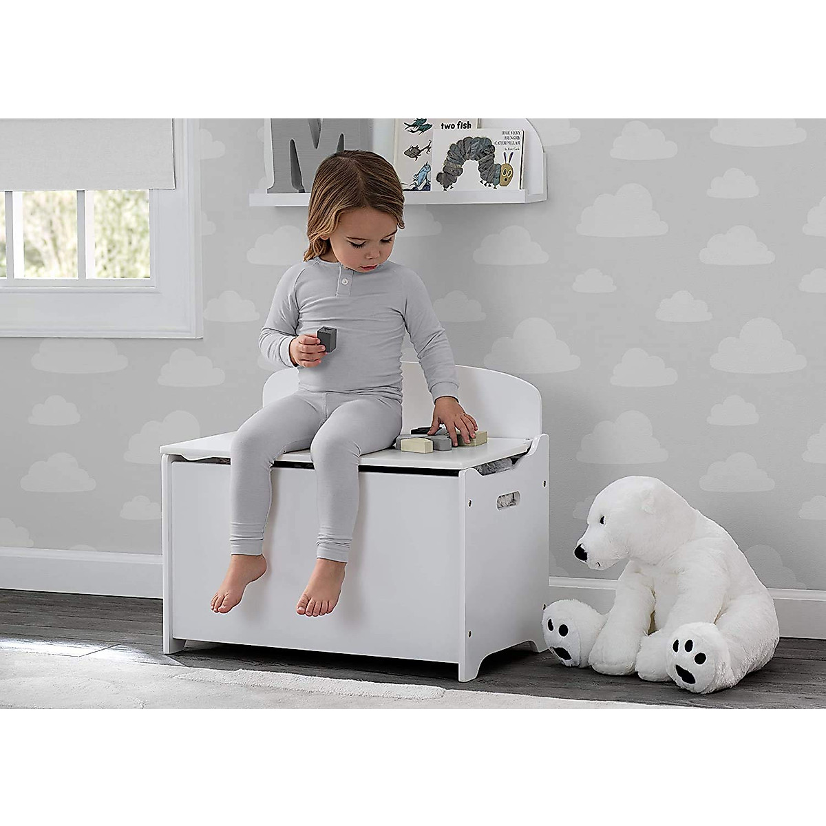 Delta Children MySize Deluxe Toy Box - Greenguard Gold Certified, Bianca White & 4-Piece Toddler Playroom Set, Grey/White