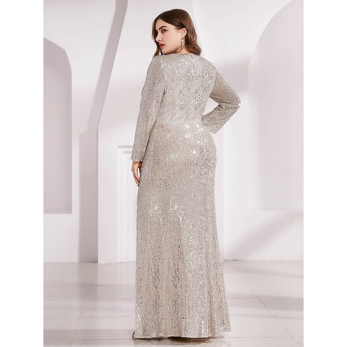 Ever-Pretty Women's Deep V-Neck Front Wrap High Thigh Slit Sequin Dress Plus Size Champagne US16