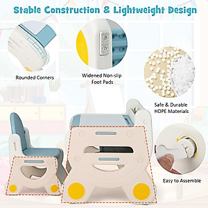 Costzon Kids Table and Chair Set, Plastic Activity Table with Watercolor Pens, Blackboard Eraser & Storage Shelf for Drawing, Reading, Playing, Eating, Toddler Table and Chair (Blue)