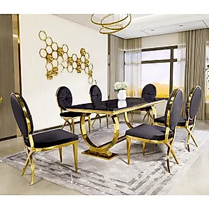 ACEDÉCOR Modern Dining Room Table with Gold Stainless Steel Metal U-Base in Black Gold