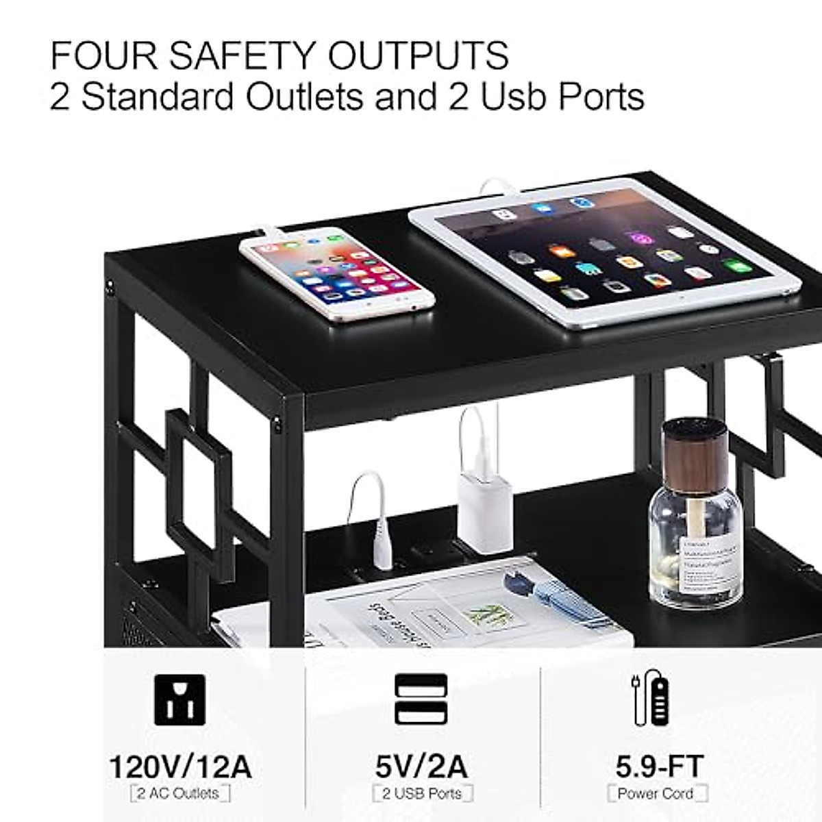 MNEETRUNG End Table with Charging Station, Side Table with USB Ports and Outlets, Bedside Tables with Door, 3-Tier Nightstand for Small Space, Living Room, Bedroom, Black