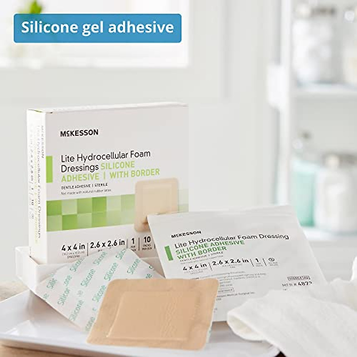 McKesson Lite Hydrocellular Foam Dressings, Sterile, Silicone Adhesive with Border, 4 in x 4 in, 10 Count, 1 Pack