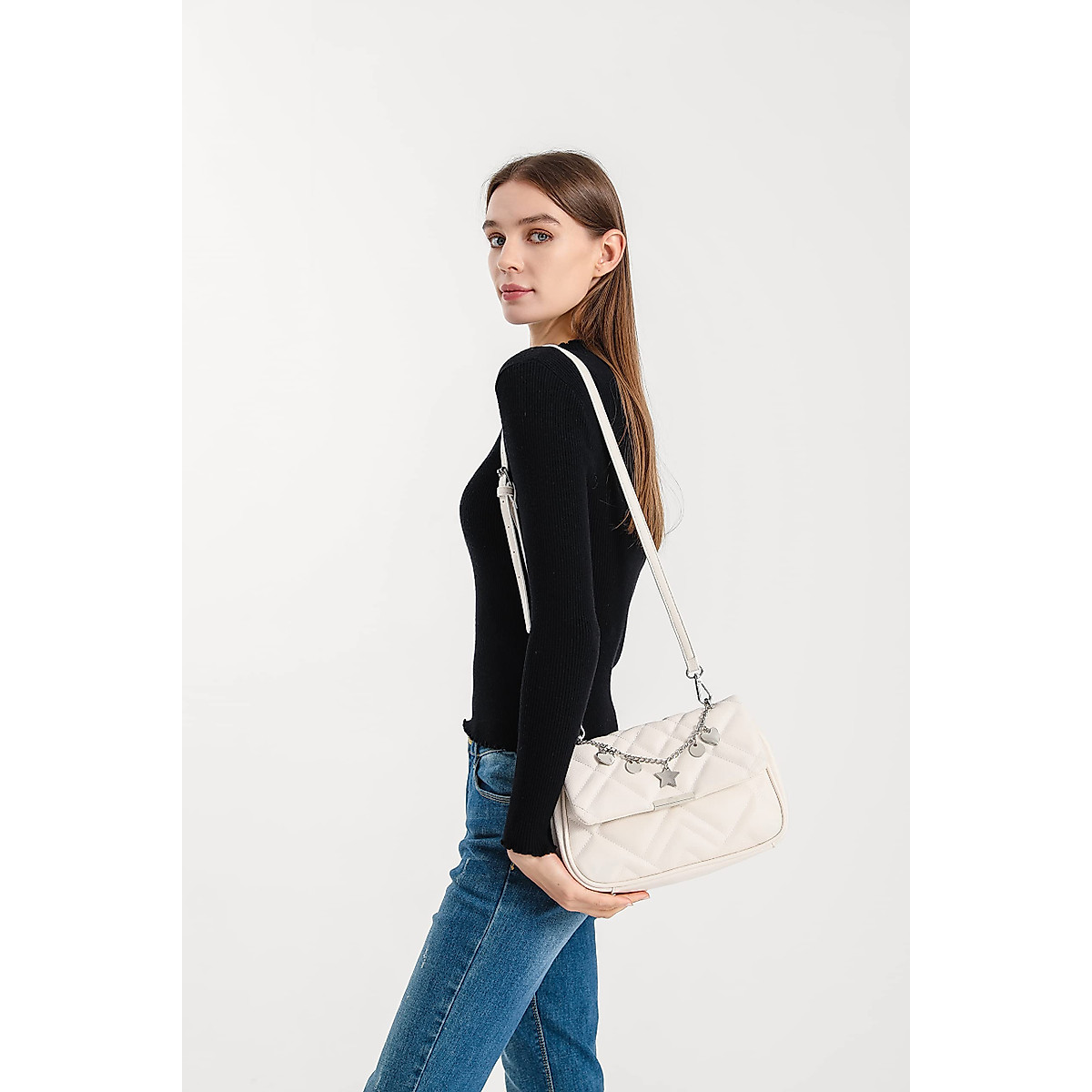 LAVTUG Quited Crossbody Bags for Women Fashion Shoulder Purse with Metal Chain Ladies Handbag with Adjustable Strap White