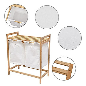 Fetcoi Bamboo Laundry Hamper Basket, 2 Sections Laundry Clothes Hamper Sorter with Removable Sliding Bag Shelf, Laundry Organizer and Storage Cabinet for Bathroom, 25.2 x12.99 x28.74in