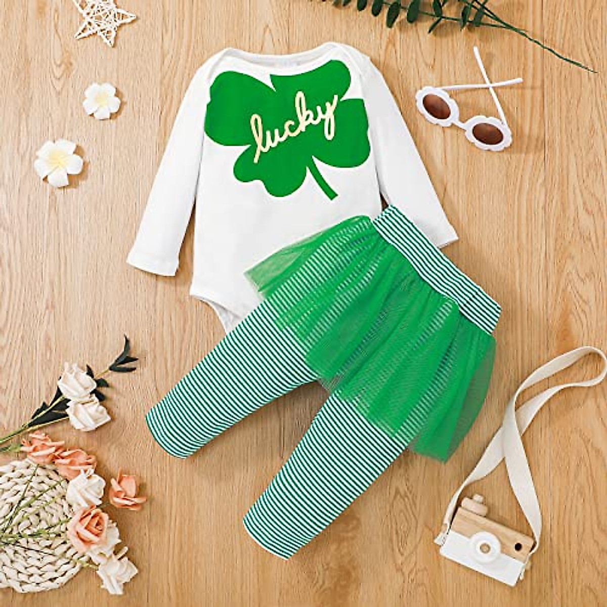 1st St. Patrick's Day Outfit Newborn Infant Baby Girl Long Sleeve Lucky Clover Romper Bodysuit Green Tutu Pants Set (Green A, 9-12 Months)