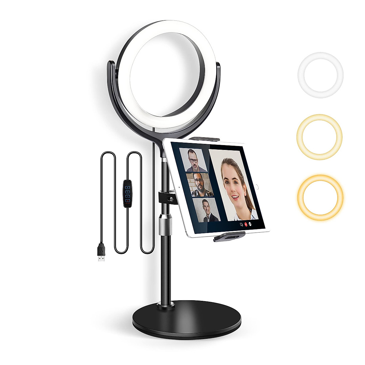 Elitehood iPad Stand with Ring Light for Online Video Conference, 3 Colors & 10 Brightness Computer Ring Light, Adjustable Desktop iPad Holder Stand for iPad Pro 12.9 11 Air Mini and 4-13’’ Tablet