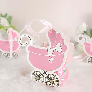 Efavormart 25 Pack | Pink Baby Paper Stroller Party Favor Gift Boxes, Cardstock Carriage Candy Boxes with Ribbon Ties - 4.5"x2"x4"