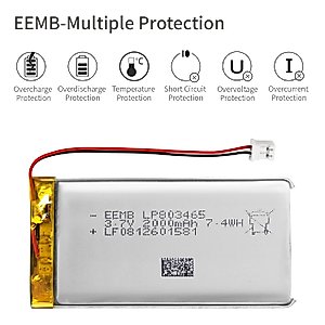EEMB Lithium Polymer Battery 3.7V 2000mAh 803465 Lipo Rechargeable Battery Pack with Wire JST Connector for Speaker and Wireless Device- Confirm Device & Connector Polarity Before Purchase