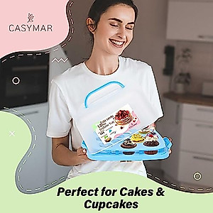 CASYMAR Portable Cake Carrier with 12 Cupcake Holder with Lid- Plastic Cake Containers with Lids Includes Knife & Accessories-Two Sided Base for Snacks Cookies Nuts Fruit etc-Suitable for 12-inch Cake