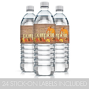 Rustic Fall Little Pumpkin Baby Shower Water Bottle Labels - Autumn Unisex Themed Waterproof Bottle Wrappers - 24 Count
