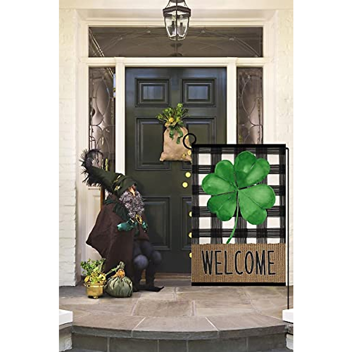 Welcome Spring St. Patrick's Day Clover Small Garden Flag Vertical Double Sided Burlap Buffalo Shamrock Farmhouse Yard Outdoor Decoration 12 x 18 Inches