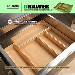 BAMOTTO Stack Bamboo Drawer Organizer Set of 5, Kitchen Utensil, Flatware&Silverware Organizer-Wood Laminated Stackable Drawer Organizer for Kitchen, Bedroom, Living Room Storage Box