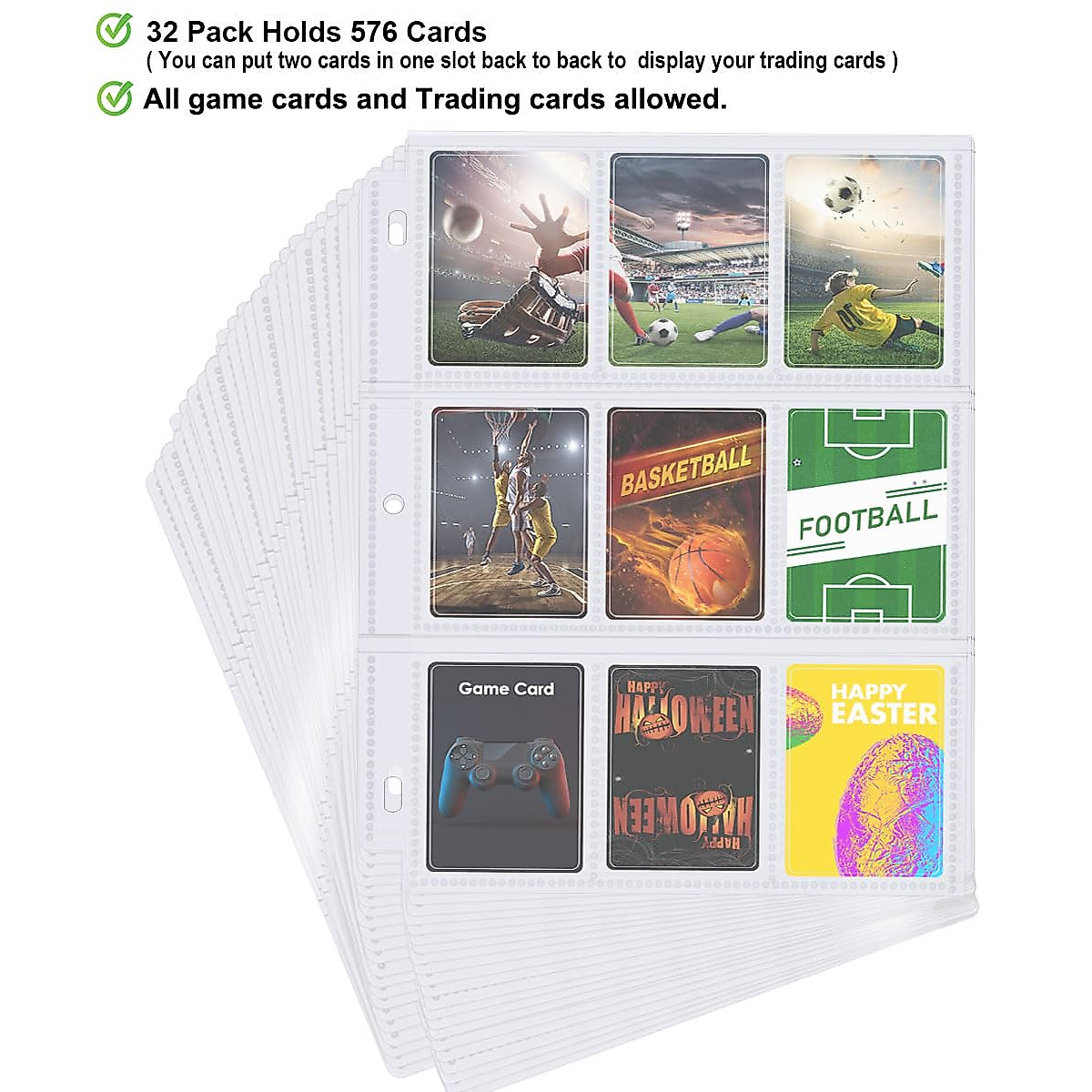 POKONBOY 288 Pockets Trading Card Sleeves, 9-Pocket Trading Card Binder Sheets Card Storage Album Pages Holders for Standard Size Cards, Sport Cards, Game Cards, Business Cards