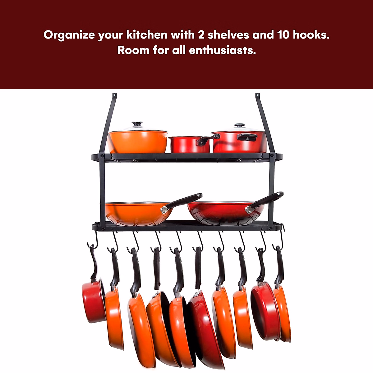 Vdomus Hanging Pot and Pan Organizer - Rustproof Wall Mounted Pot Rack for Kitchen Storage - Durable, Thick Iron Material - 2-Tier Pot Shelf with 10 Hooks for Utensils - Wall Mounted Black Pot Rack