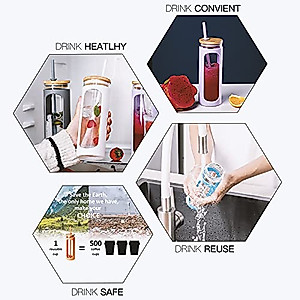 Kodrine 20oz Glass Water Tumble with Straw and Lid,Bamboo Lids Water Bottle, Iced Coffee Cup Reusable, Wide Mouth Smoothie Cups, Straw Silicone Protective Sleeve BPA FREE-Pink