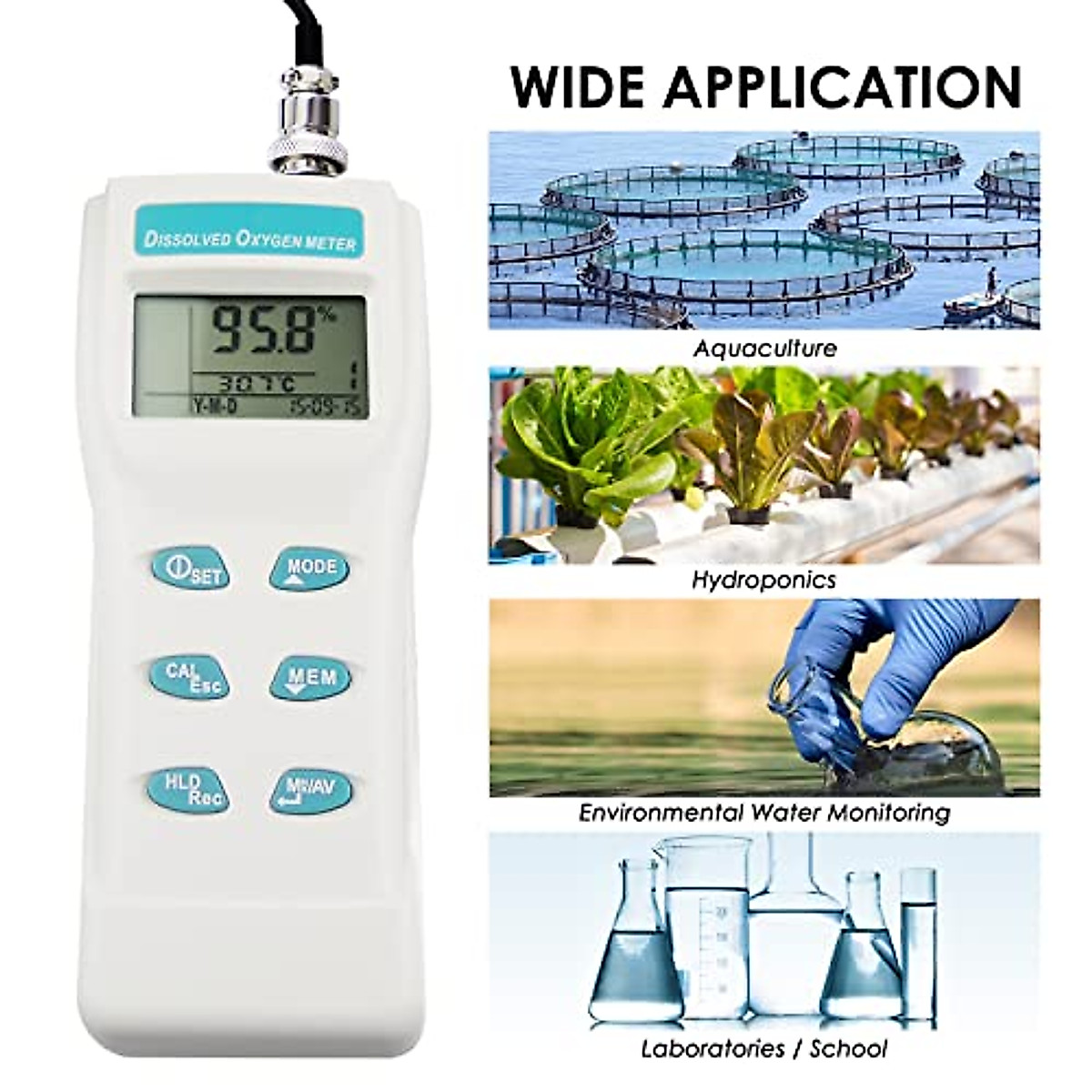 Dissolved Oxygen Meter DO Temperature Tester Water Quality Monitor with Oxygen Electrode for Aquarium, Freshwater, Laboratory, Aquaculture, etc.