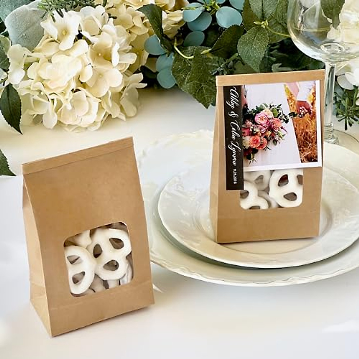 BRMARKET Small Square Window Kraft Paper Bags | 3.3 x 5.5 x 2 Inches Treat Cookie Bags with Tin Tie Closure | 50 Pcs (Disposable, Single Layer Paper, Kraft Brown)