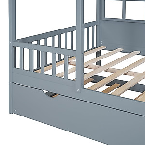 Bellemave Full House Beds with Trundle and Rails Wooden Kids Montessori Bed with Wall and Windows Wood Playhouse Tent Bed Frame for Girls Boys, Full Size, Gray