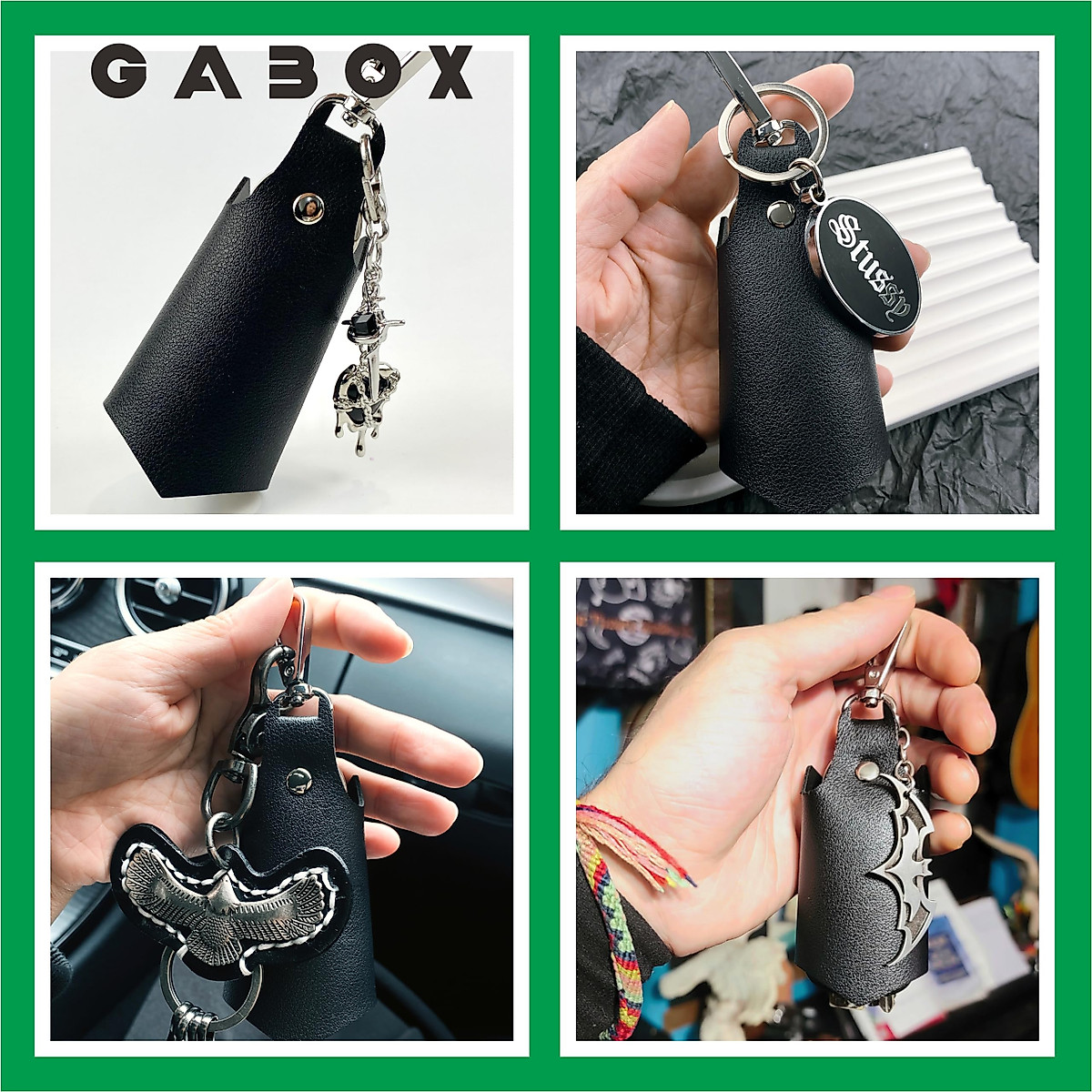 Black Bat Leather Keychain Car Key Fob EDC Key Chain Case Accessories with Key Ring Clip, Snap Closure, for Men Women Boyfriend Gifts