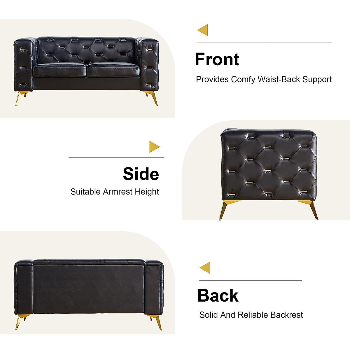 LEVNARY Black Leather Couch Loveseat, Modern Button Tufted Upholstered 2 Seater Couch, Comfy Chesterfield Sofa Couches for Living Room Bedroom Office (Black)