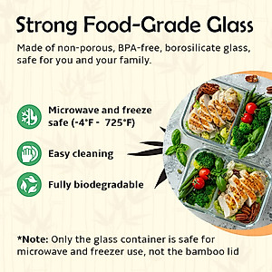 Reusable Glass Meal Prep Container Set, Glass Food Containers With Lids, Lunch Storage With Compartment Dividers, Large Glass Bento Box Set For Meal Planning, Freezer And Oven Safe, [3-Pack,30 Oz]