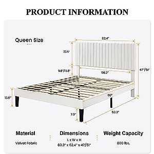 SHA CERLIN Queen Upholstered Platform Bed Frame with Vertical Channel Tufted Velvet Fabric Adjustable Headboard, Wooden Slats Support, Mattress Foundation, Box Spring Optional, White