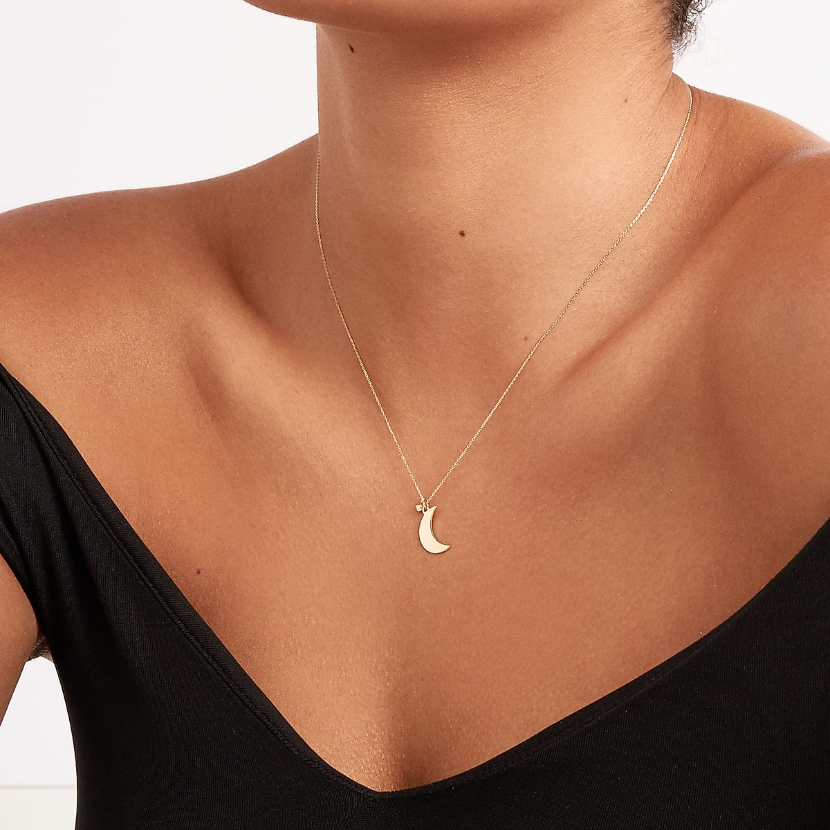 Diamond Classic Necklaces | 14k Yellow Gold Necklaces for Women | Crescent, Bar, Heart, Disc Pendant Necklace | 14k Solid Gold Dainty Gold Jewelry | Gifts for Christmas, 18"