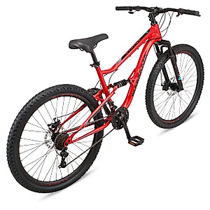 Mongoose Status Mens and Womens Mountain Bike, 27.5-Inch Wheels, 21 Speed Trigger Shifters, Aluminum Frame, Dual Suspension, Front and Rear Disc Brakes, Red