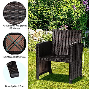 Tangkula 3 Pieces Outdoor Wicker Bistro Set with Waterproof Cover, 2 Patio PE Rattan Cushioned Chairs with Side Storage Table, Suitable for Front Porch, Balcony, Garden, Poolside and Yard (Turquoise)