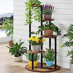 LITTLE TREE 5-Tier Corner Plant Stand, Free Standing Wood Metal Flower Rack Pot Shelf Display with Round Board, Garden Patio Balcony Plant Holder for Indoor Outdoor Living Room, Bedroom, Rustic Brown