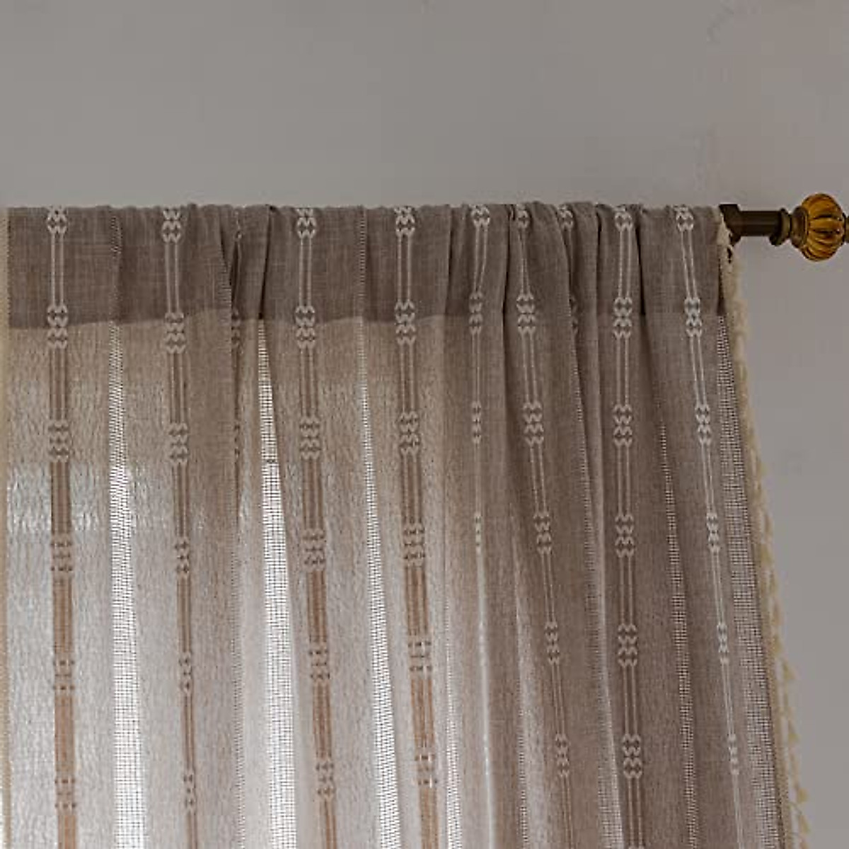 Linen Curtains 84 Inches Long Embroidery Striped Farmhouse Curtains for Living Room Tassel Boho Curtains for Bedroom Light Filtering Curtains 2 Panels Set Rod Pocket Drapes (52" W x 84" L,Khaki)
