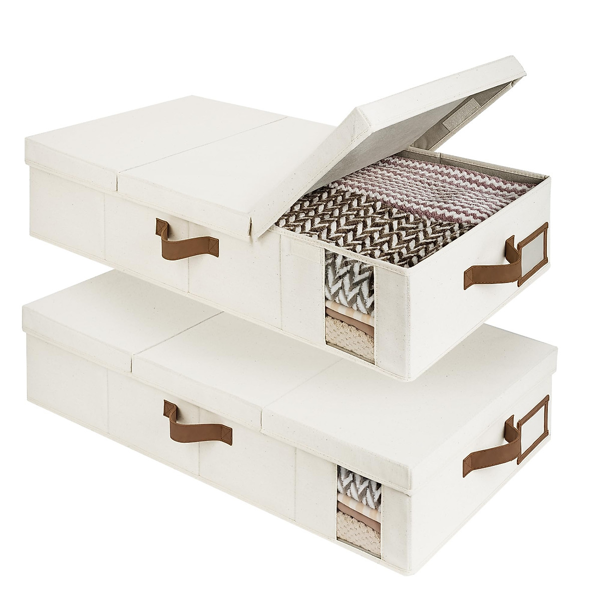 StorageWorks Under Bed Storage with Lid, Underbed Storage Containers with Handles, Underbed Organizer for Bedroom, Foldable Clothing Storage Bins, Box for Blankets, Large, Beige, 2-Pack