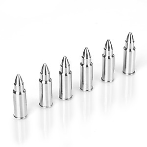 Bullet Whiskey Chillers Stones - 1.75in Whiskey Rocks by The Wine Savant Set of 6 - Stainless Steel Bullet Shaped Ice Cubes, Gift Box Come, Tongs and Storage Bag, Whiskey or Scotch Rocks (Silver)