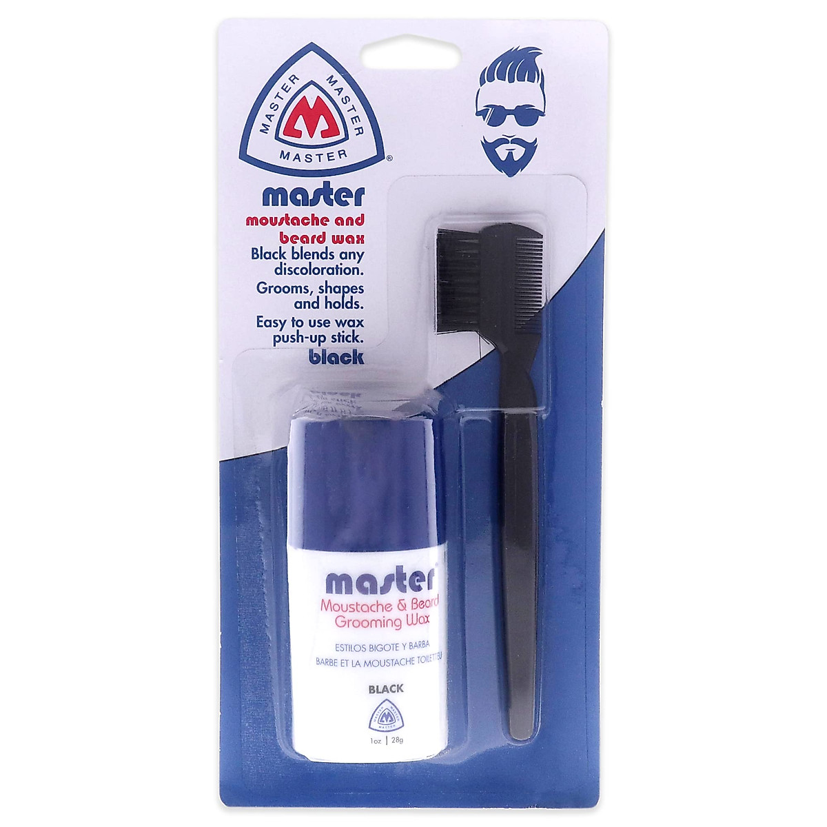 Master Well Comb Moustache and Beard Grooming Wax Kit - Black Men 1oz Wax, Push Up Stick 2 Pc