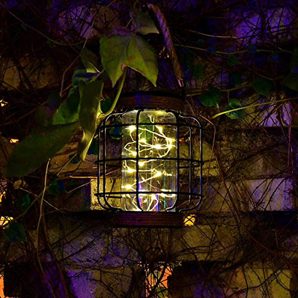 2 Pack Black Solar Lanterns Outdoor Waterproof Landscape Solar Lights for Garden Yard Porch Fence Patio Tree, 20 x Mini Warm White LEDs, Hemp Rope Handle