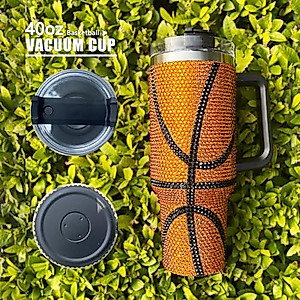 Cupcupmore 40oz Basketball Bling Rhinestone Stainless Steel Sippy Tumbler Glitter Vacuum Insulated Water Bottle with Straw & Lid &Handle,Thermos for Hot & Cold Drinks,Car Cup Holder,Coffee