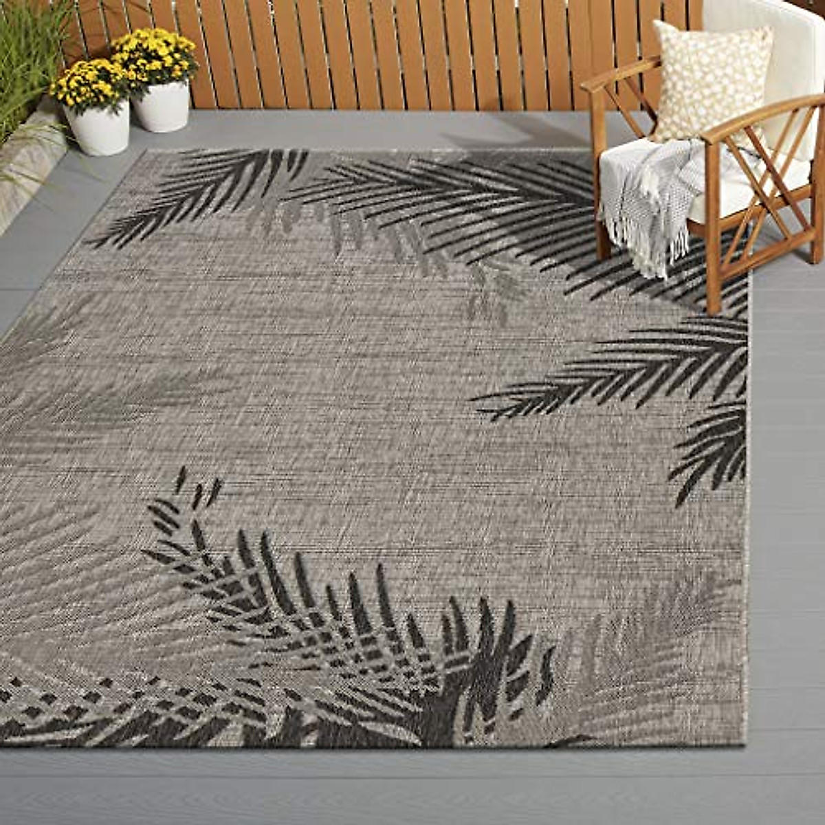 Lr Home Ox Bay Celeste Coastal Palm Leaf Indoor/Outdoor Area Rug, Beige/Black, 1'10" x 3'