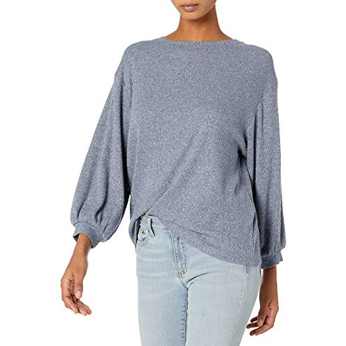 Daily Ritual Women's Cozy Knit Rib Blouson-Sleeve Sweatshirt, Blue Marl, Medium