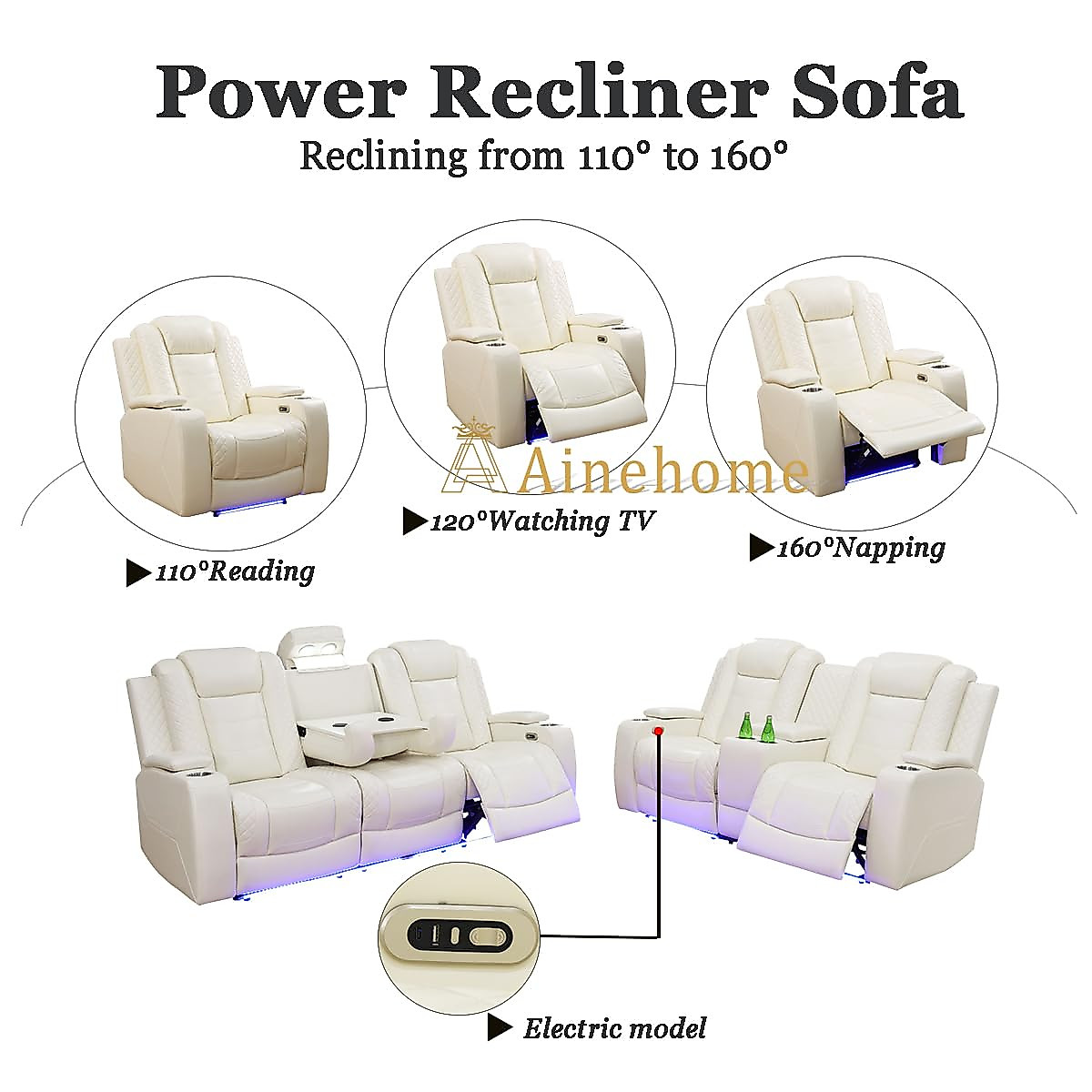 A Ainehome Power Leather Recliner Sofa Set with LED Lights, Recliner Sofa Sectional Couches for Living Room, Reclining Sofa and loveseat with USB Port/Storage Console(Creamy White,Sofa+loveseat)