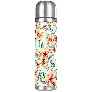 Stainless Steel Leather Vacuum Insulated Mug Tropical Plant Flower Thermos Water Bottle for Hot and Cold Drinks Kids Adults 16 Oz