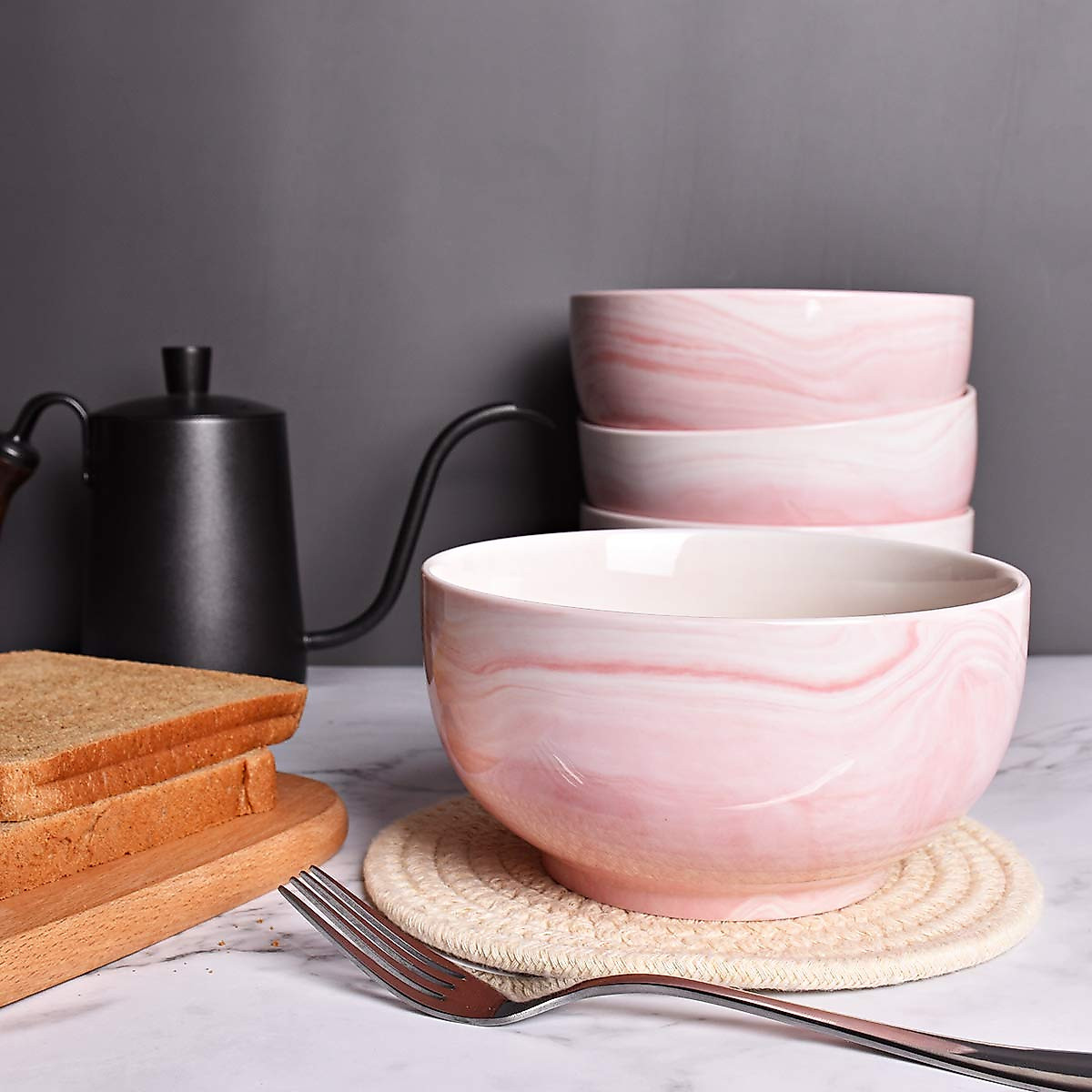 Bosmarlin Marbling Ceramic Soup Bowl Set of 4, 33 Oz, Dishwasher and Microwave Safe (33 Oz, A-Pink Marbling)