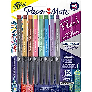 Paper Mate Flair Metallic Felt Tip Pens, City Lights Collection, Glittery Assorted Colors, Premium Ink, 16 Count, Perfect for Writing, Doodling and Bullet Journaling