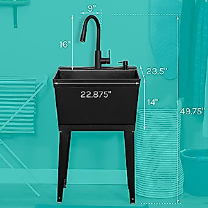 Black Utility Sink with High Arc Black Faucet by VETTA by JS Jackson Supplies, Pull Down Sprayer Spout, Heavy Duty Slop Sink for Washing Room, Basement, Shop, Free Standing Laundry Tub Deep Plastic