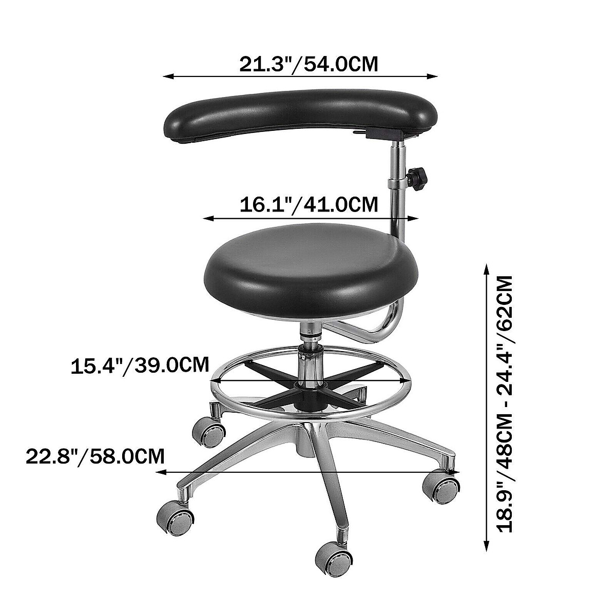 Aries Outlets Black Dental Assistant Stool 360° Rotation Armrest PU Leather Backrest Medical Office