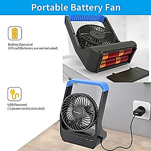 Battery Operated Fan, Camping Fan Battery Powered, Super Long Lasting, Portable D-Cell Battery Powered Desk Fan with Timer, 3 Speeds, Quiet, 180° Rotation, for Office,Bedroom,Outdoor, 5'', Blue