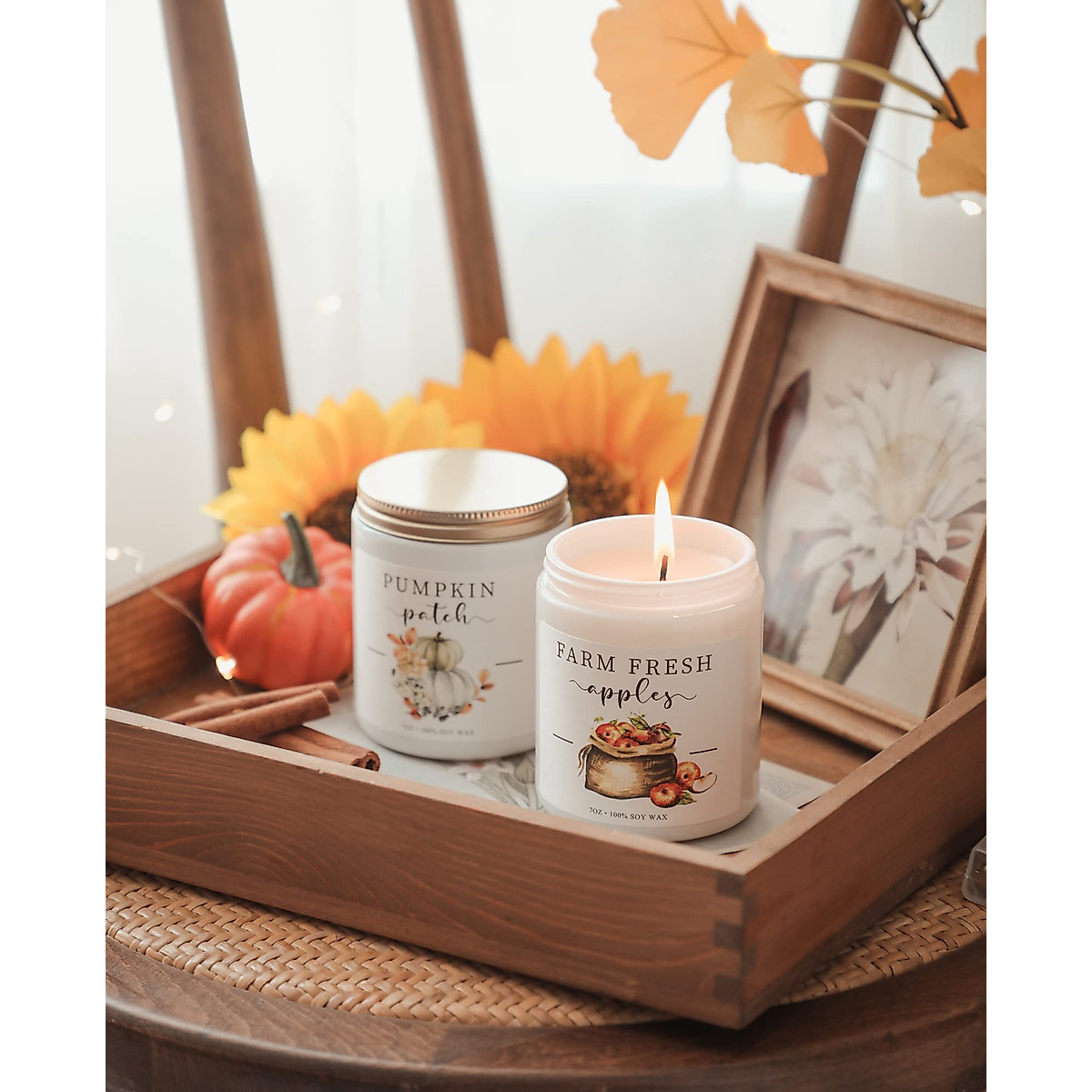 Thanksgiving Fall Scented Candles Set, 2 Pcs 7oz Pumpkin Spice and Apple Cider Candle, Thanksgiving Fall Candle Gifts for Women, Thanksgiving Table Centerpiece, Fall Decorations for Home