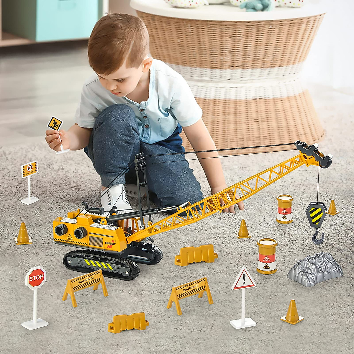Jenilily 1:55 Scale Die-cast Crane Construction Vehicles Toy Alloy Model Car, Gifts for Kids Boys Toddler 3 4 5 Years Old