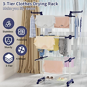 Rbitroise Clothes Drying Rack,Clothes Drying Rack Foldable,Drying Rack Clothing Folding,4-Tier Laundry Drying Rack for Clothes,Rolling Clothes Horses Dryer Rack,-Dark Blue
