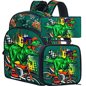 KLFVB 3PCS Boys Backpack, 16" Dinosaur Kids Bookbag and Lunch Box, Preschool Backpacks for Elementary Students